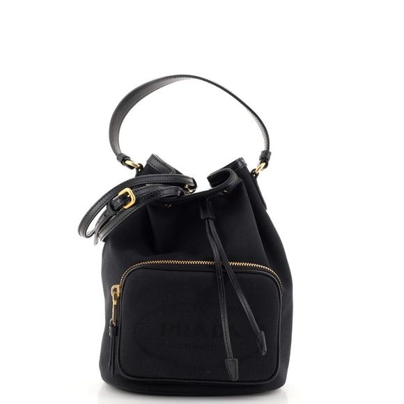 Prada | Bags | Prada Logo Drawstring Bucket Bag Canvas Black | Poshmark